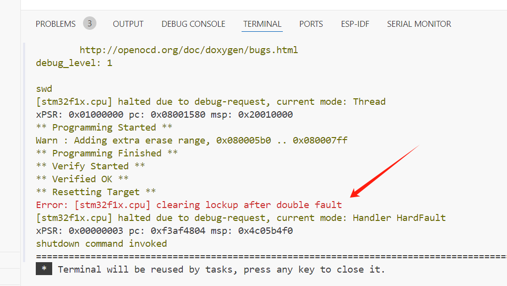 STM32-----Error: [stm32f1x.cpu] clearing lockup after double fault处理